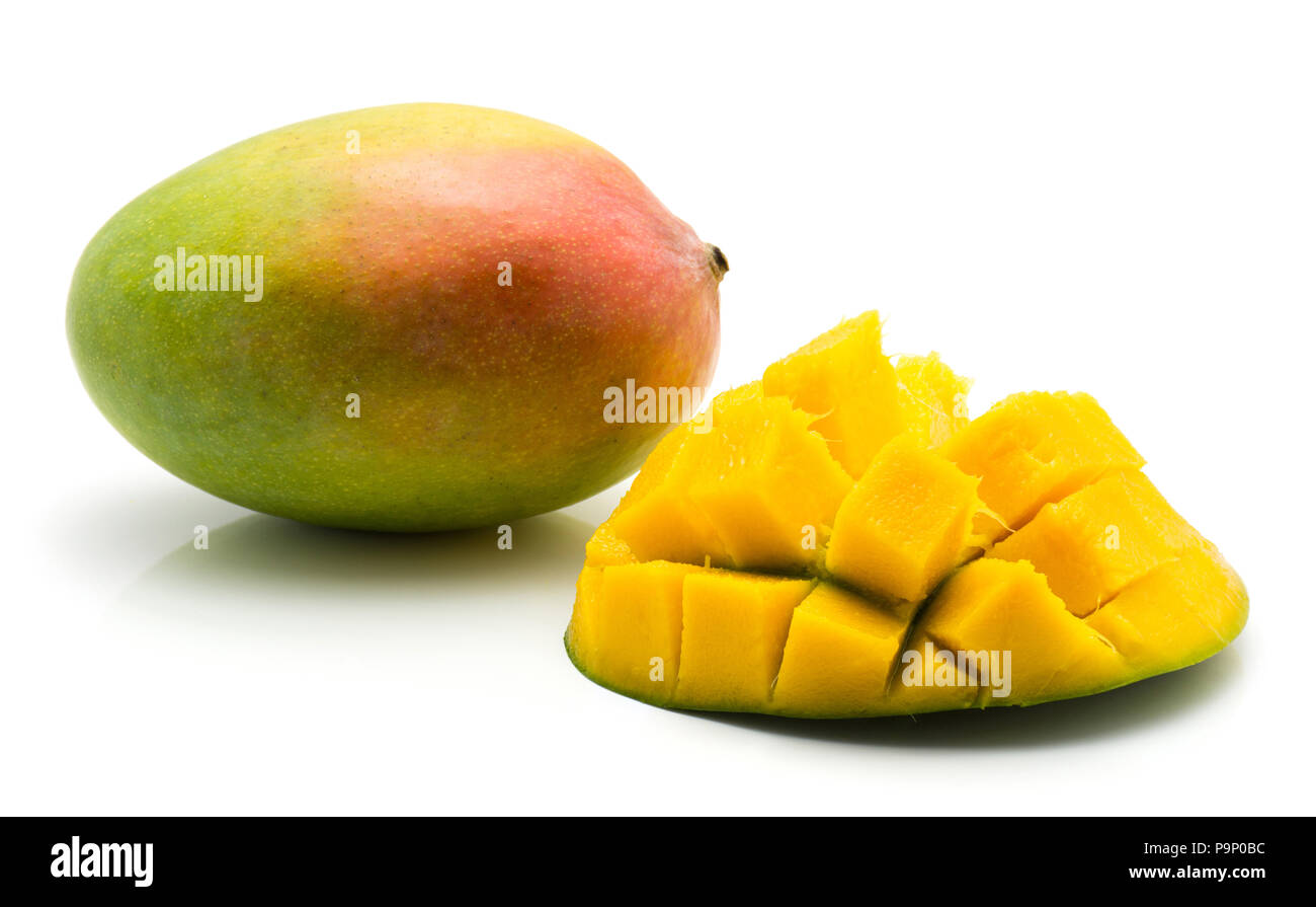 Sliced mango hedgehog shape isolated on white background one half and ...