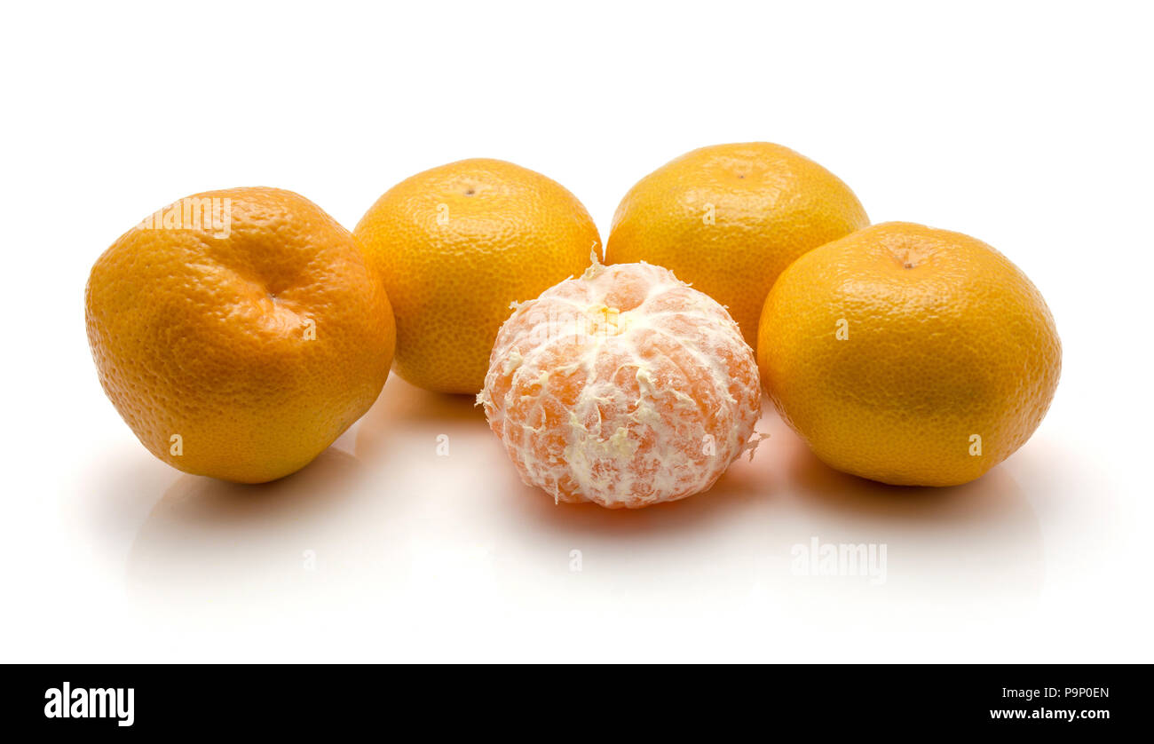 Five tangerines isolated on white background one peeled Stock Photo - Alamy