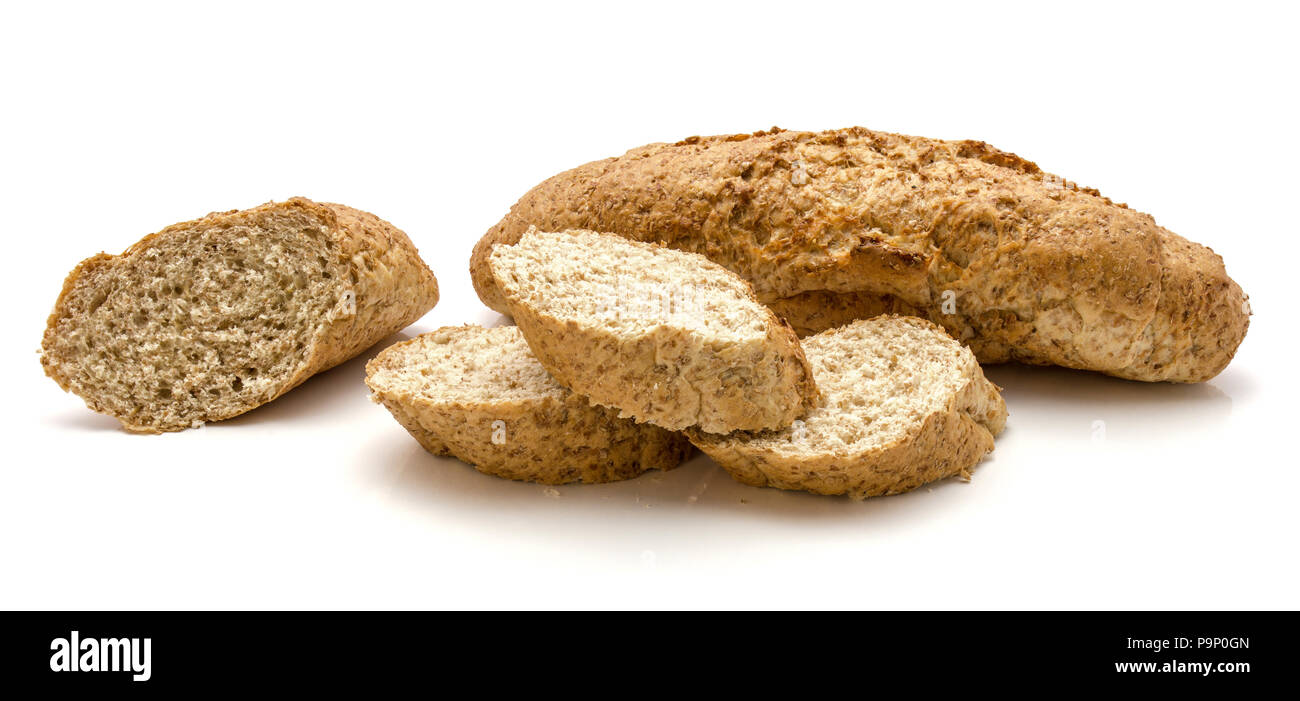 Whole wheat bran bread isolated on white background one bagel and ...