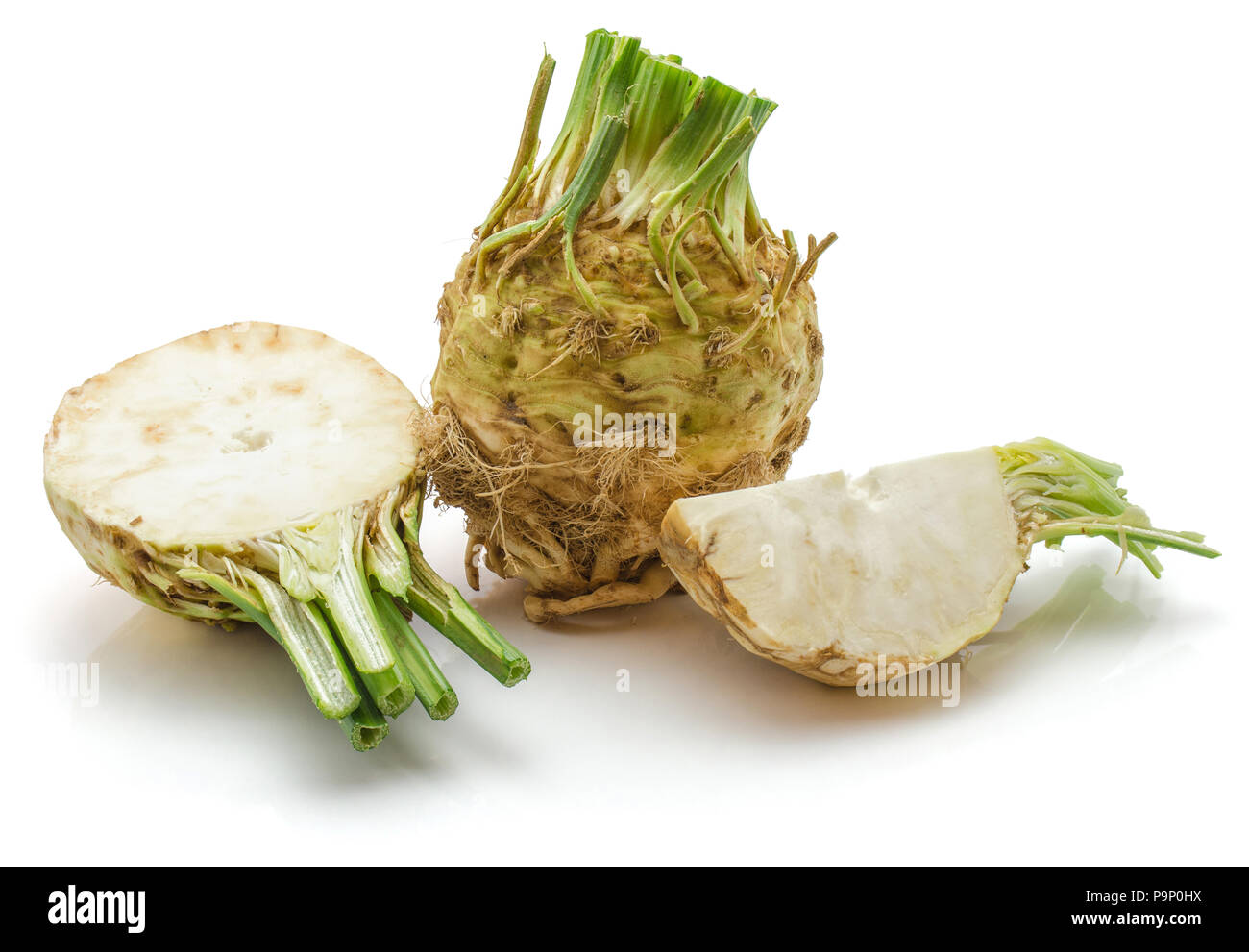 Fresh celery root isolated on white background one whole, half and ...