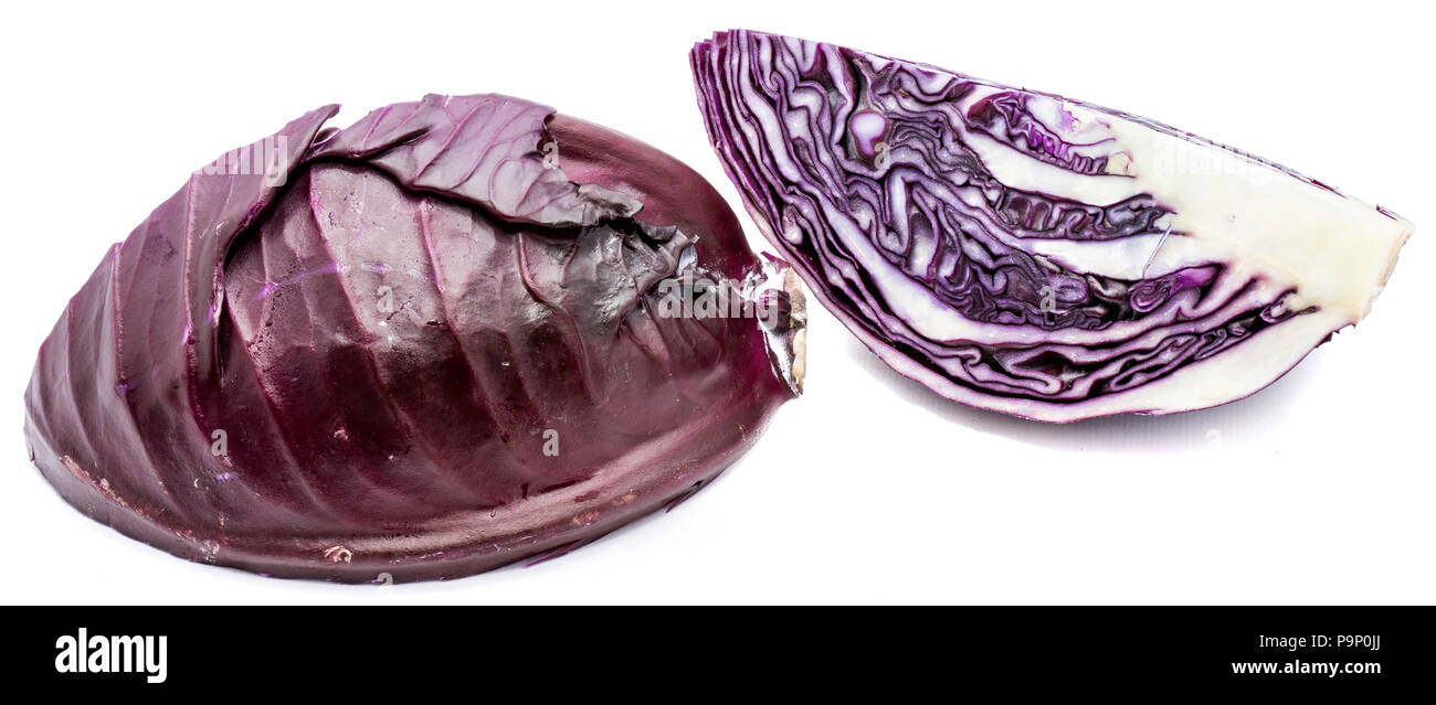 One half and one quarter of purple cabbage isolated on white background ...