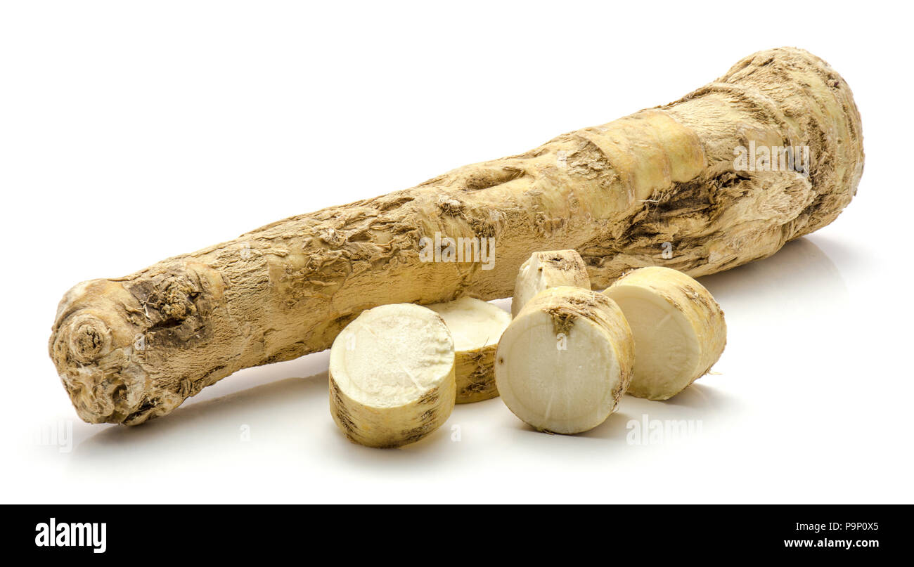 Fresh horseradish root isolated on white background one whole and ...