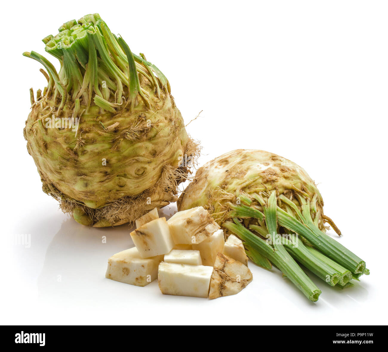 One whole bulb of fresh celery root, one half and chopped pieces ...