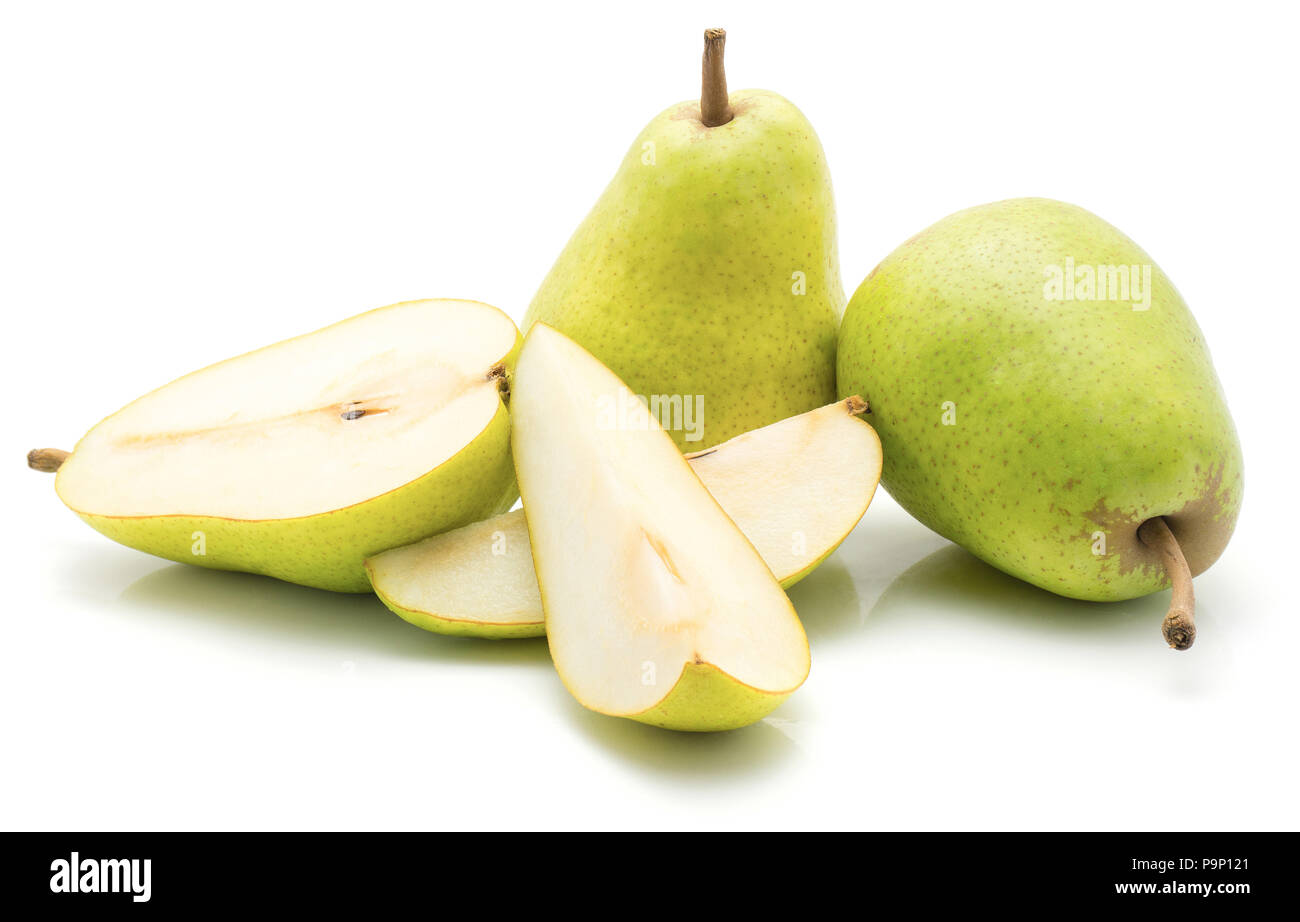Green pears stack isolated on white background two whole one half and ...