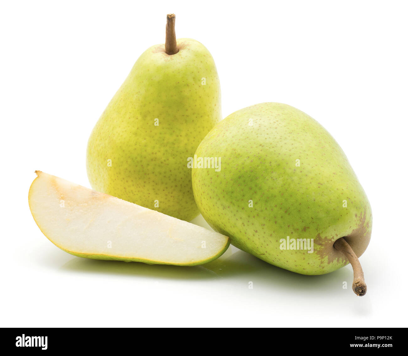 Two green pears and one slice isolated on white background Stock Photo ...