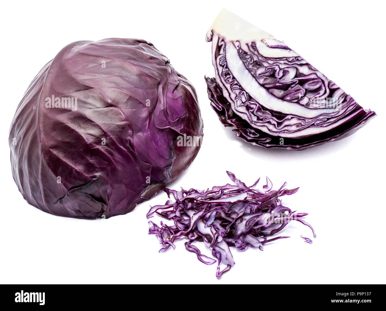 Sliced purple cabbage, one quarter, one half and shredded or chopped ...