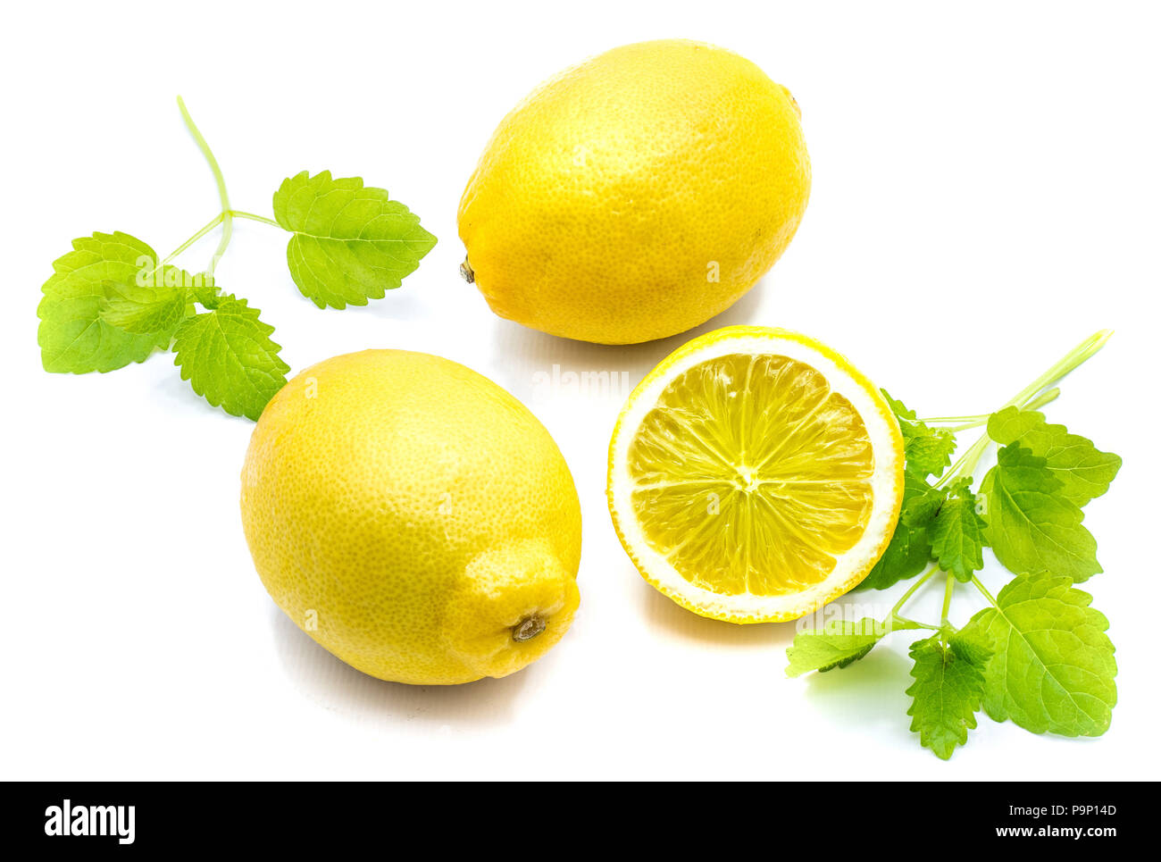 Pair of whole yellow lemons, cross section half and fresh green lemon ...