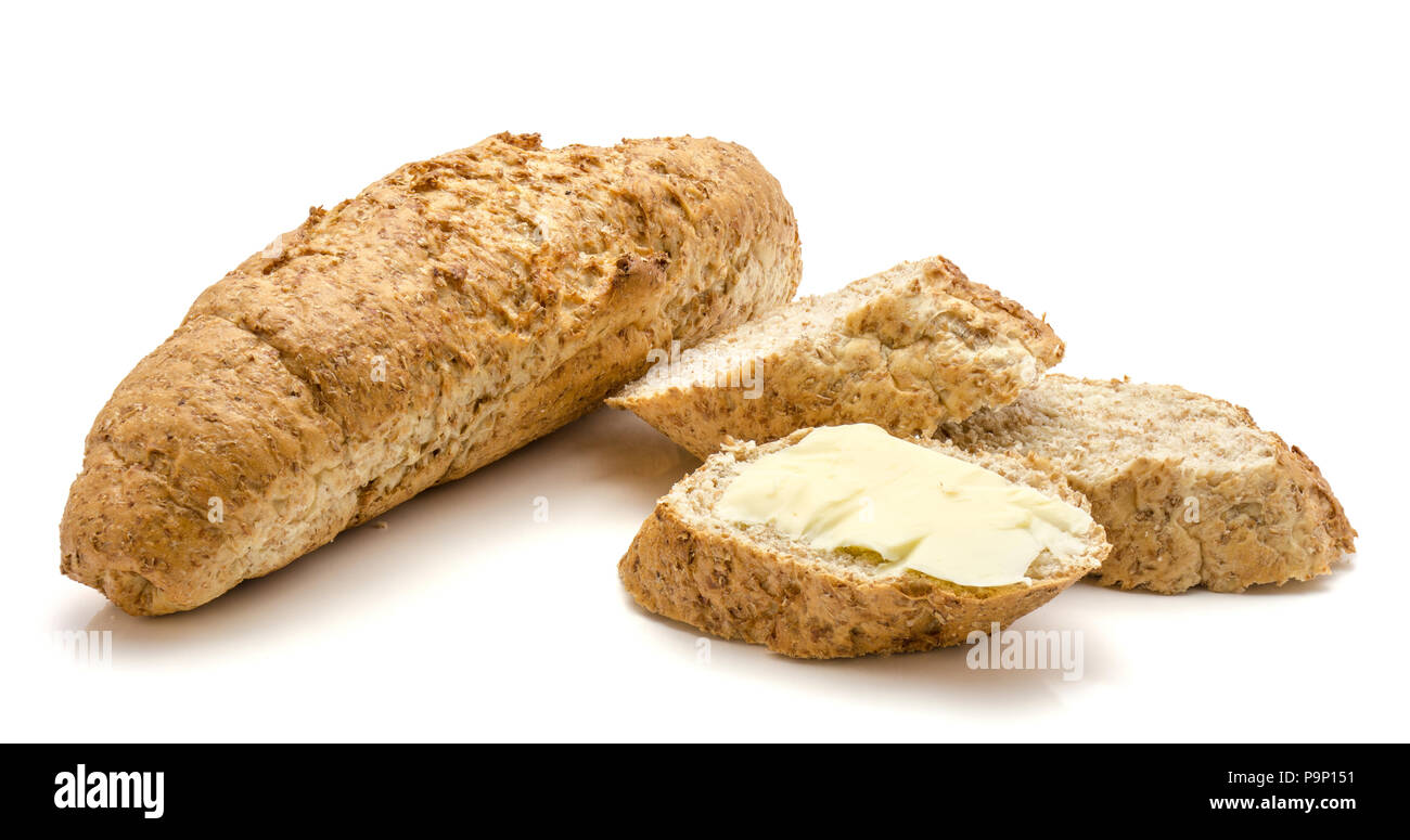 One bagel of wheat bran bread isolated on white background and sliced ...