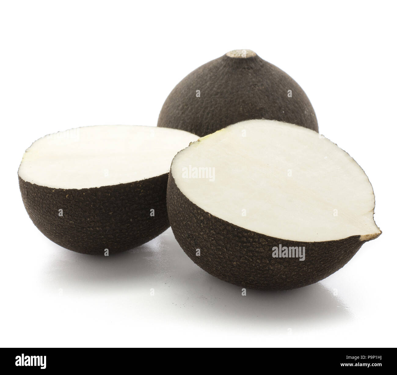 Black radish one bulb and two halves isolated on white background Stock ...