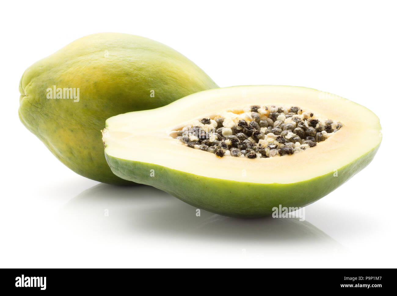Papaya (pawpaw, papaw) isolated on white background one whole green and ...