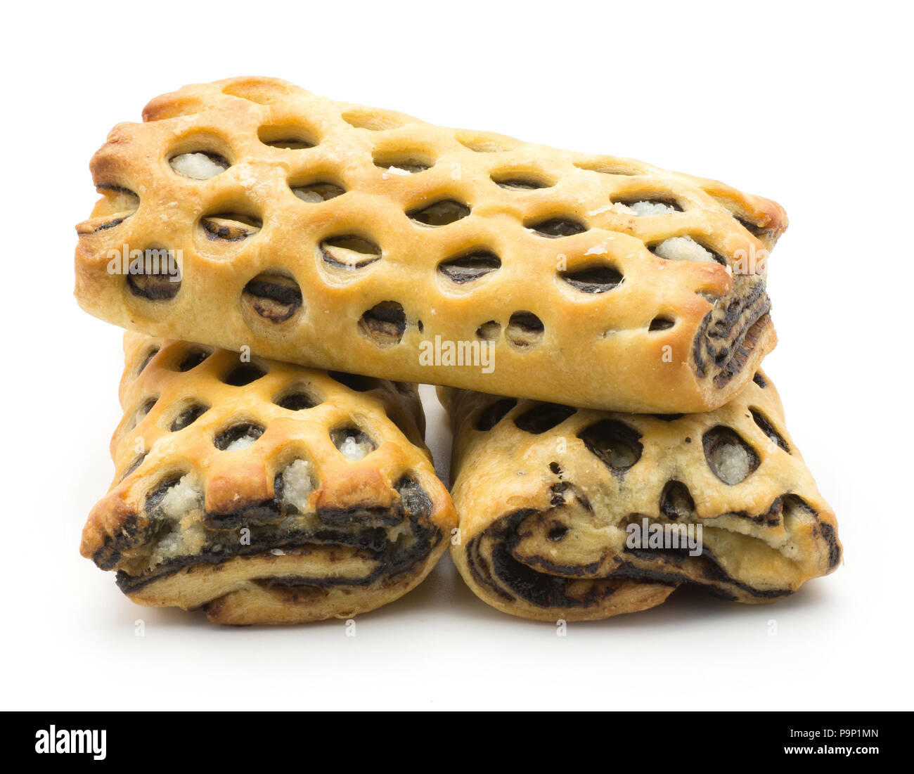 Three lattice breads set with coconut and chocolate isolated on white ...