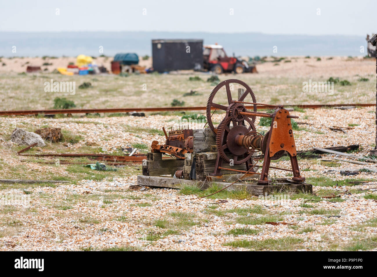 Abandoned fishing gear on the foreshore of the shingle beach at ...