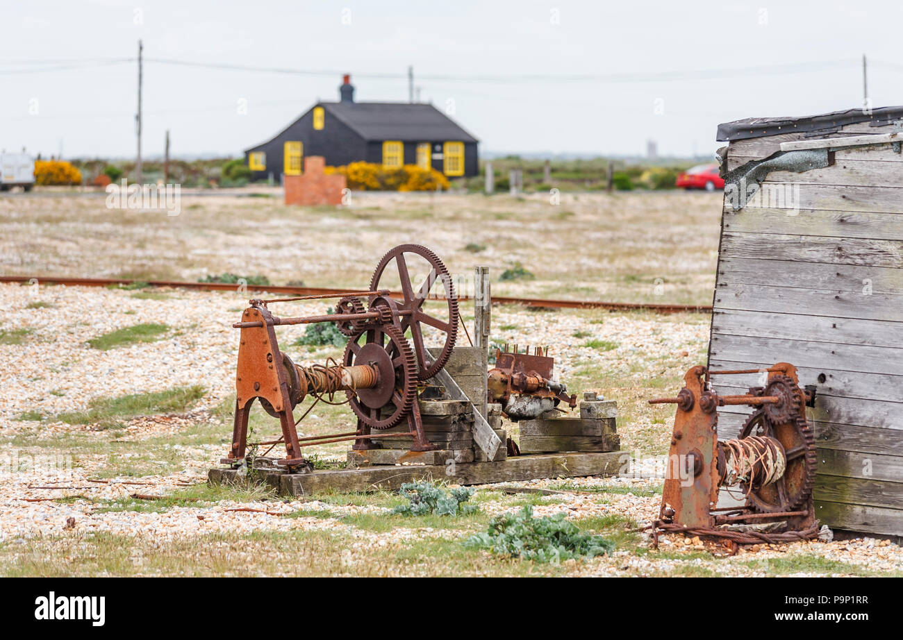 Abandoned fishing gear on the foreshore of the shingle beach at ...