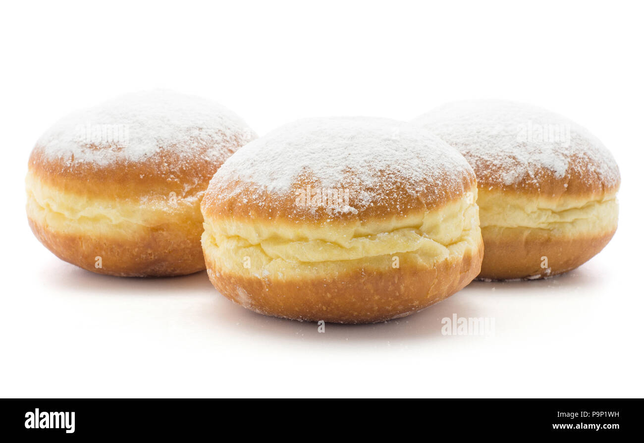 Three traditional doughnut (Sufganiyah) isolated on white background ...