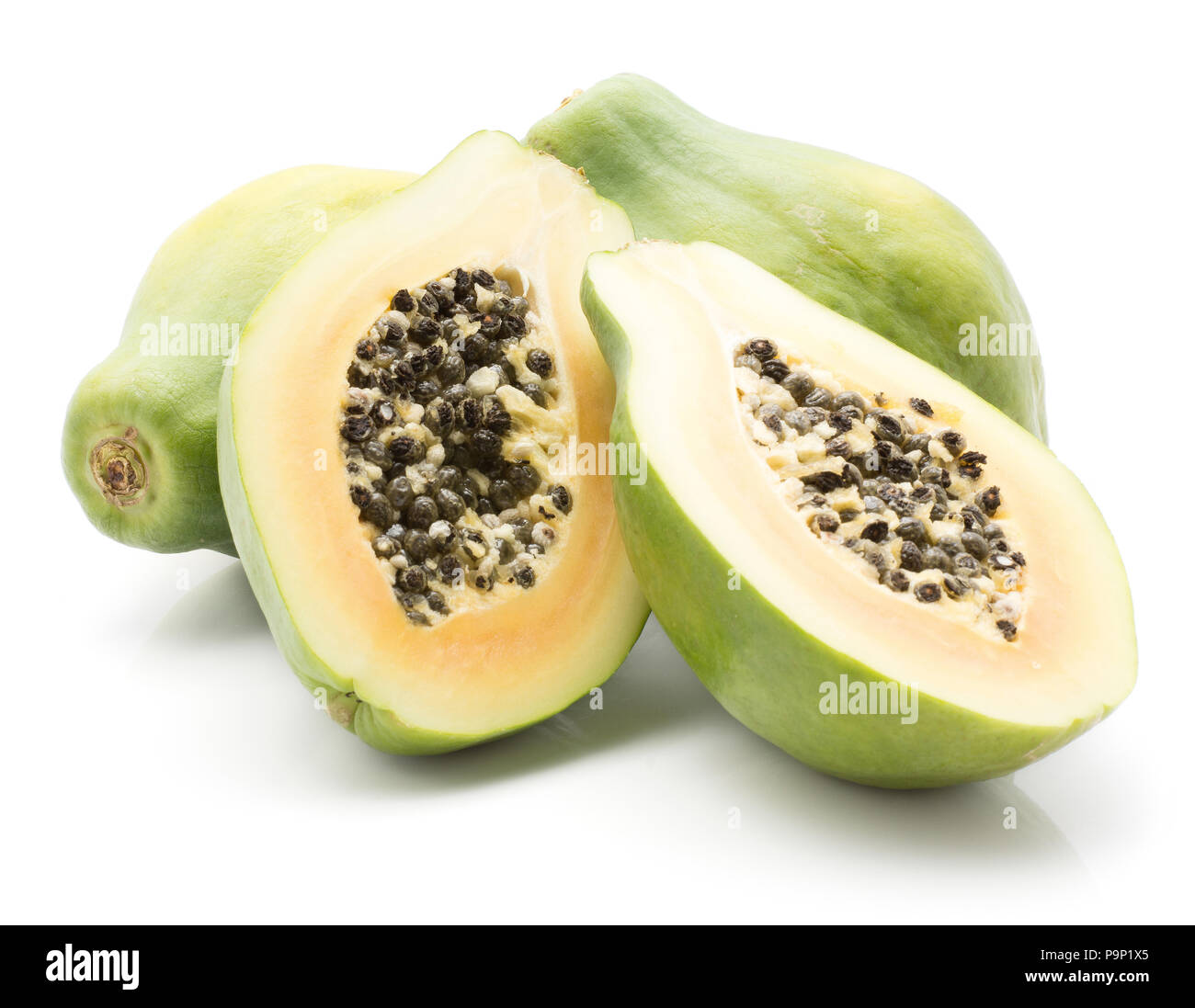 Papaya (pawpaw, papaw) stack isolated on white background two whole ...