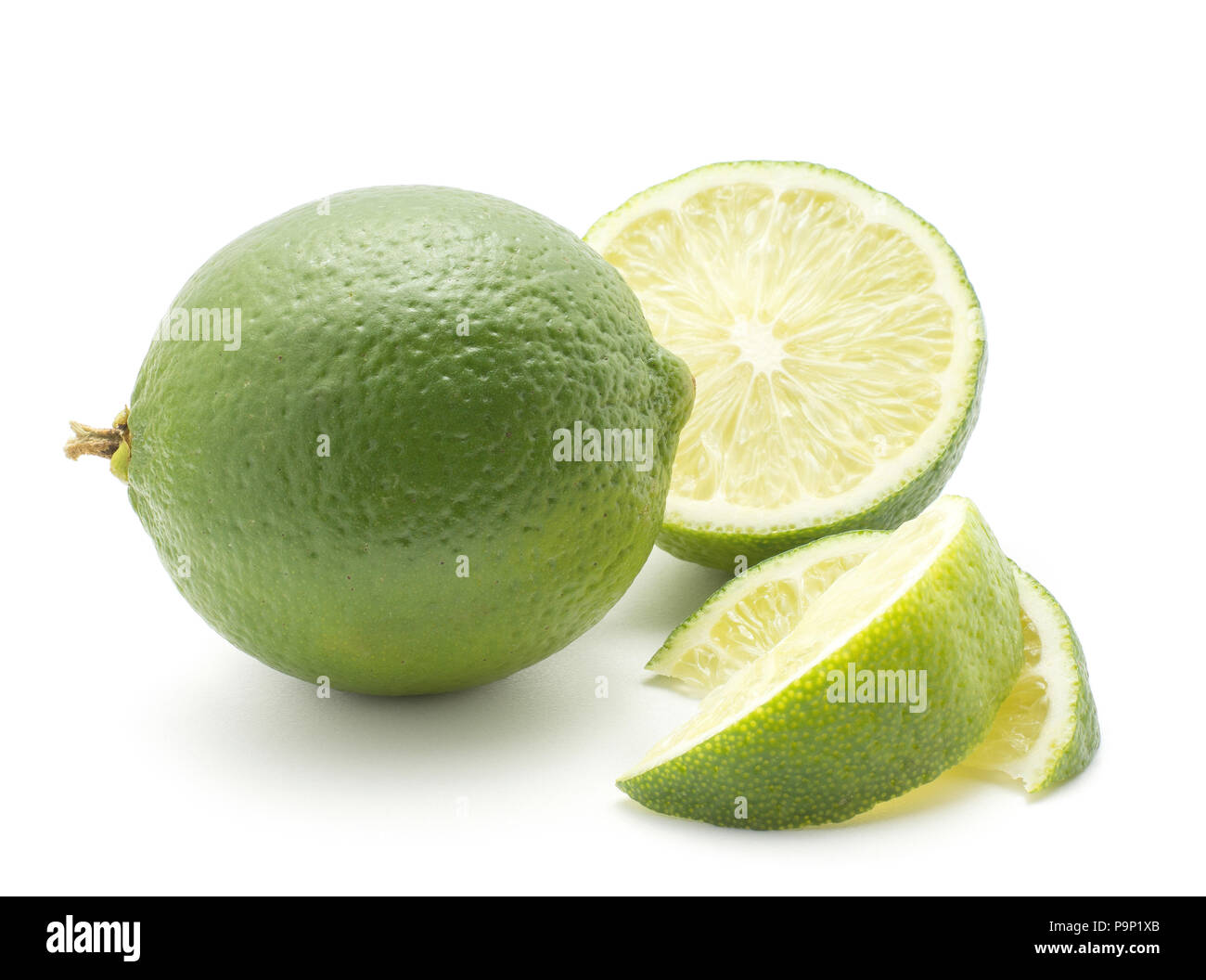 Lime (one whole, one half, two slices) isolated on white background ...