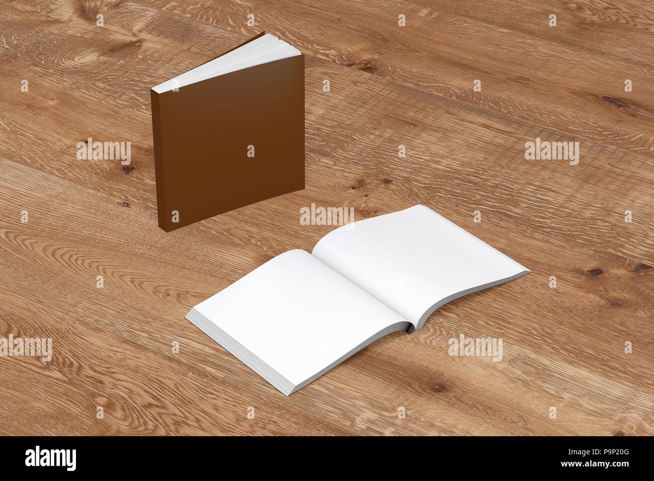 Blank brown square soft cover books open and standing on wooden ...
