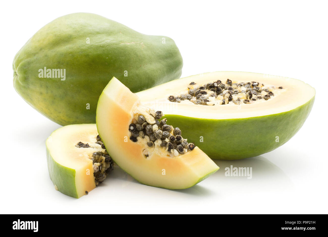 Sliced green papaya (pawpaw, papaw) isolated on white background one ...