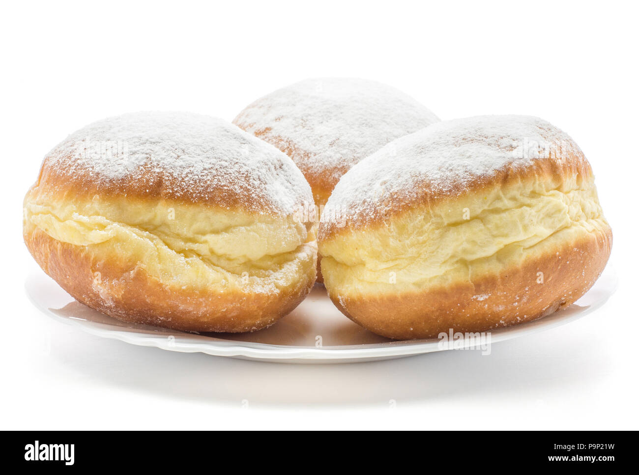 Sufganiyah three traditional doughnut on a plate isolated on white ...