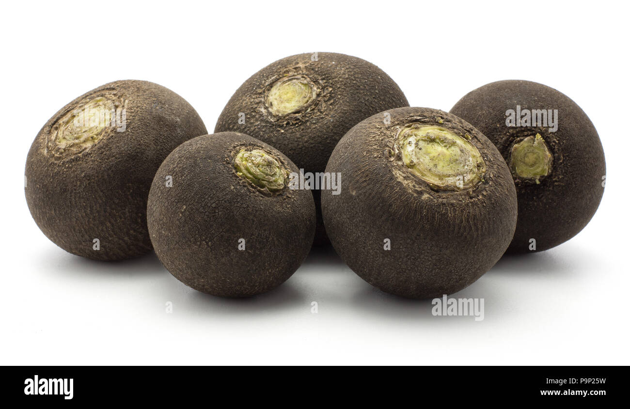 Black radish five fresh bulb roots set isolated on white background ...