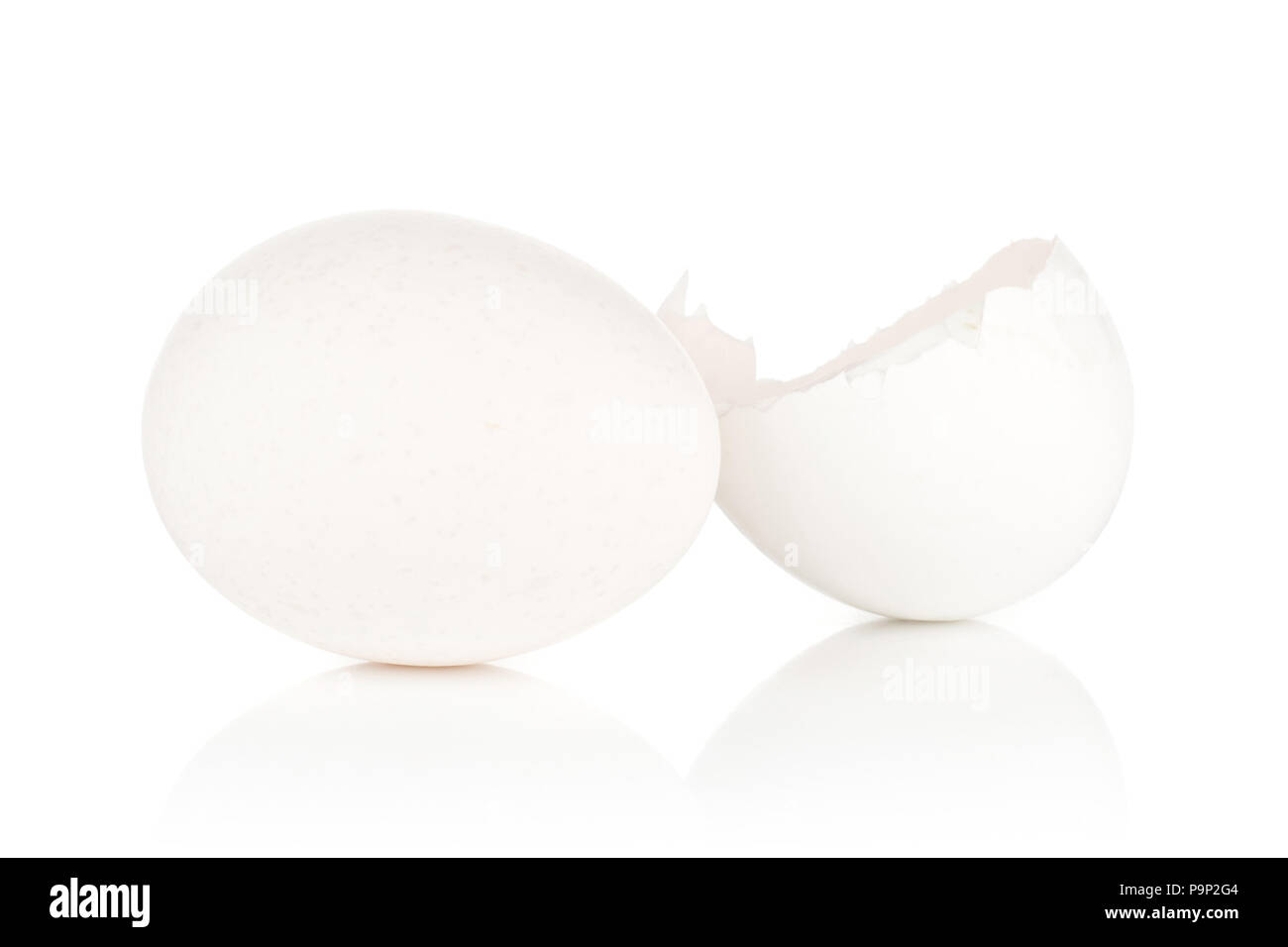 One white chicken egg and cracked eggshell half piece isolated on white ...