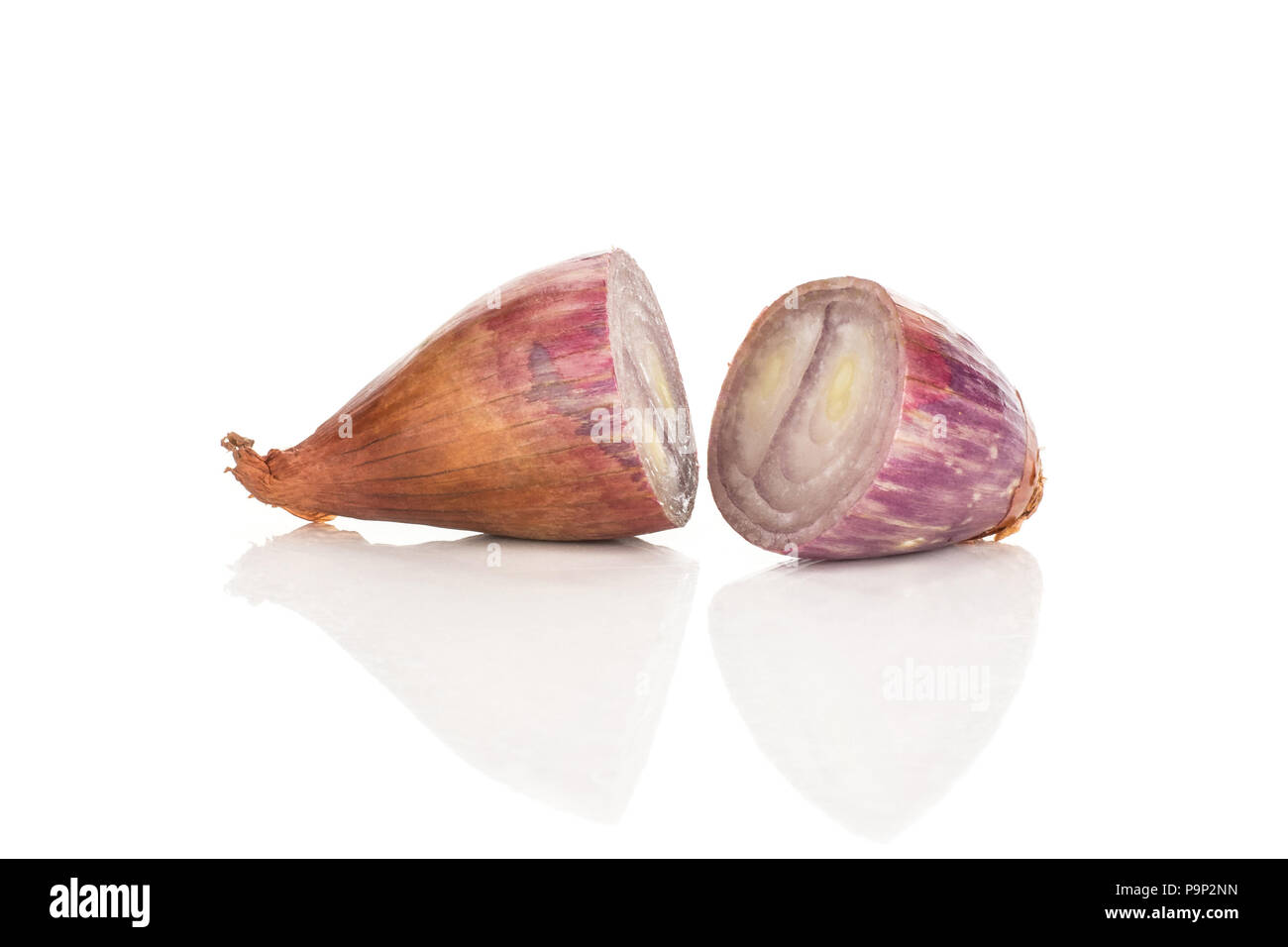 Sliced peeled shallot isolated on white background two cut halves Stock ...