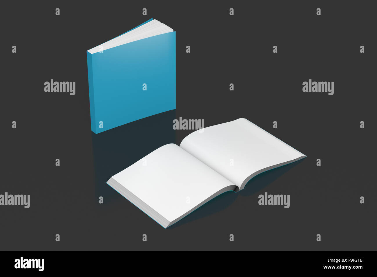 Blank cyan square soft cover books open and standing on black ...