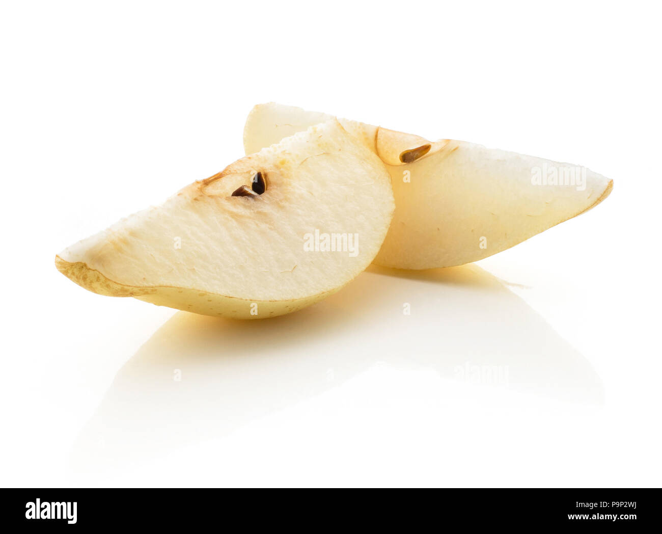 Nashi pear two slices (Russet pear) isolated on white background yellow ...