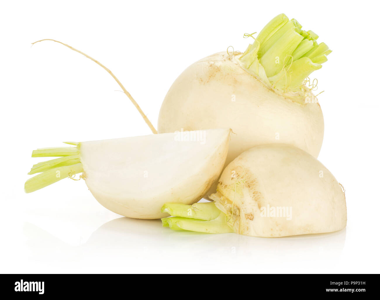 White radish bulb and two cut pieces isolated on white background Stock ...