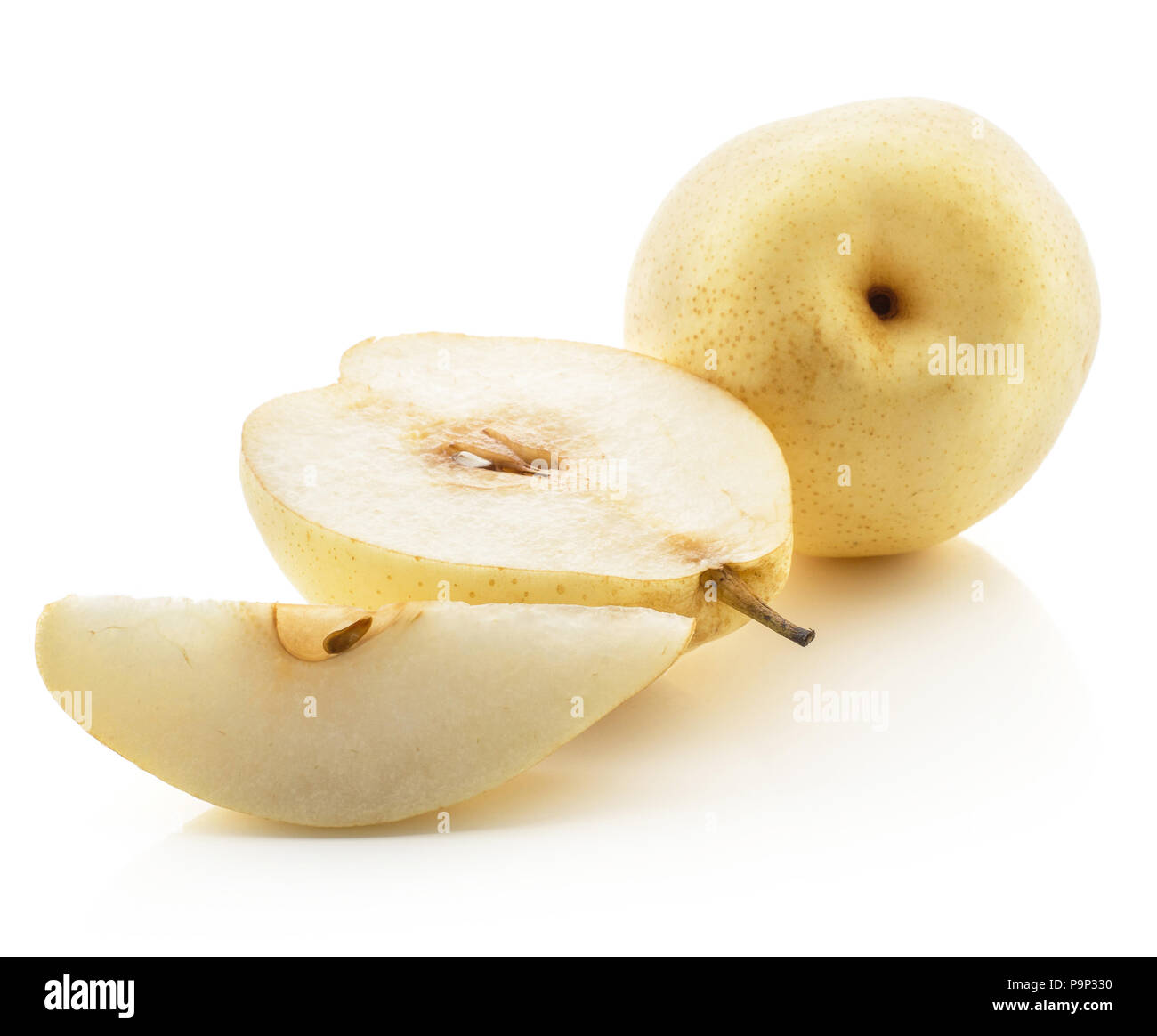 Nashi pears (Russet pear) one whole with a half and a slice isolated on ...