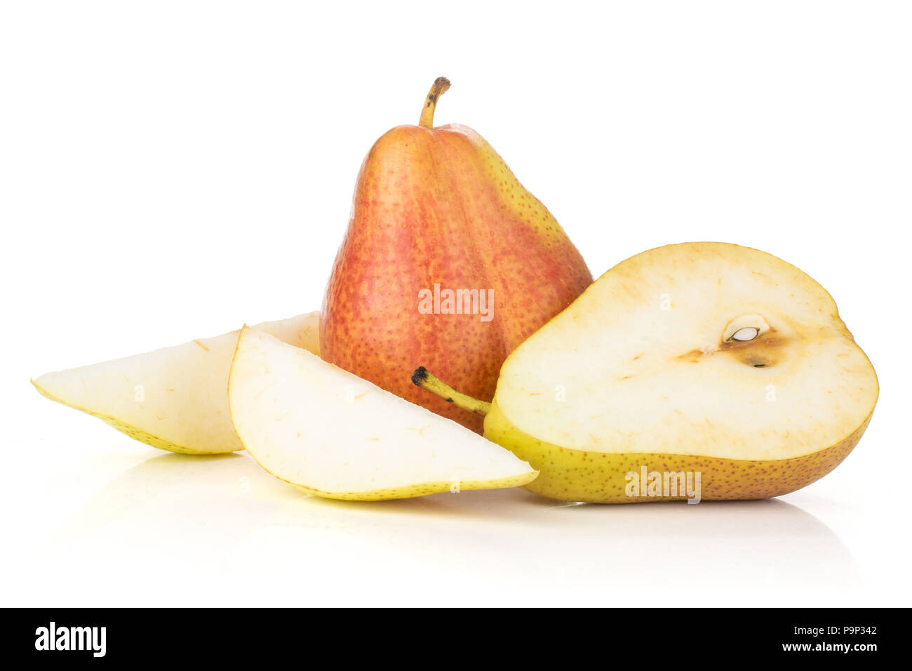 Group of one whole one half two slices of fresh red pear forelle ...