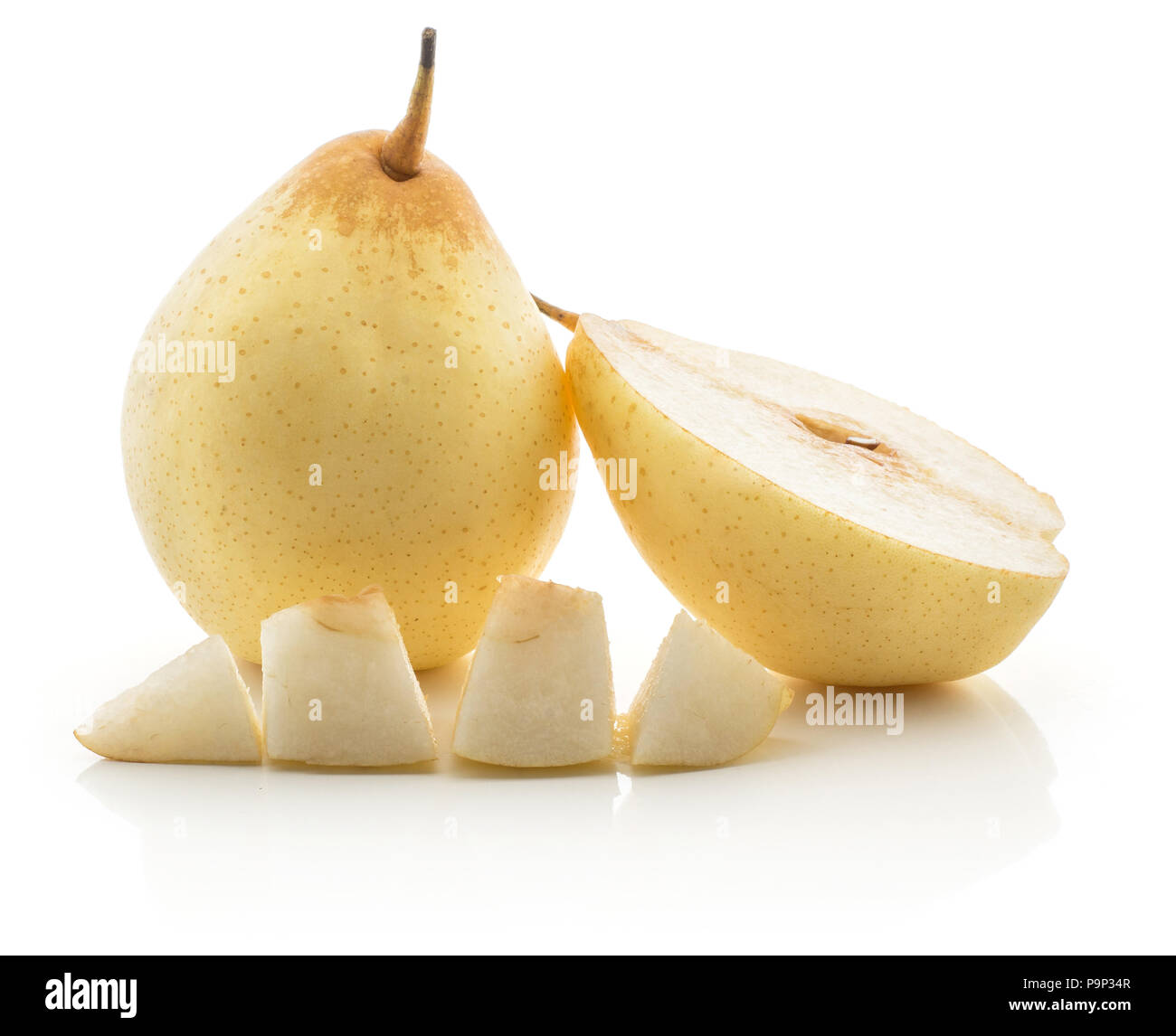 One Nashi pear with a half and a slice cut in four pieces (Russet pear ...