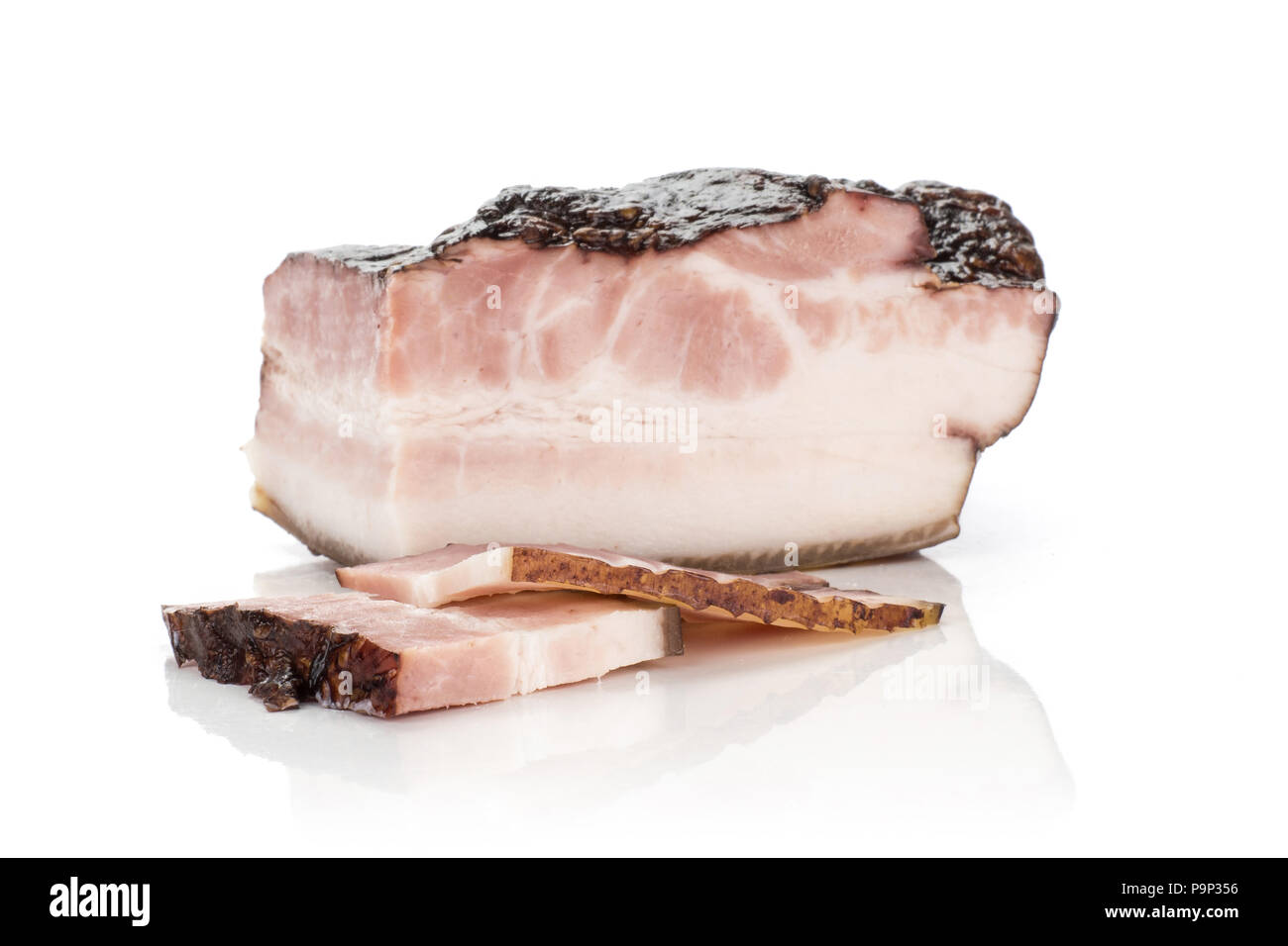 Group of three slices one piece of english bacon isolated on white ...