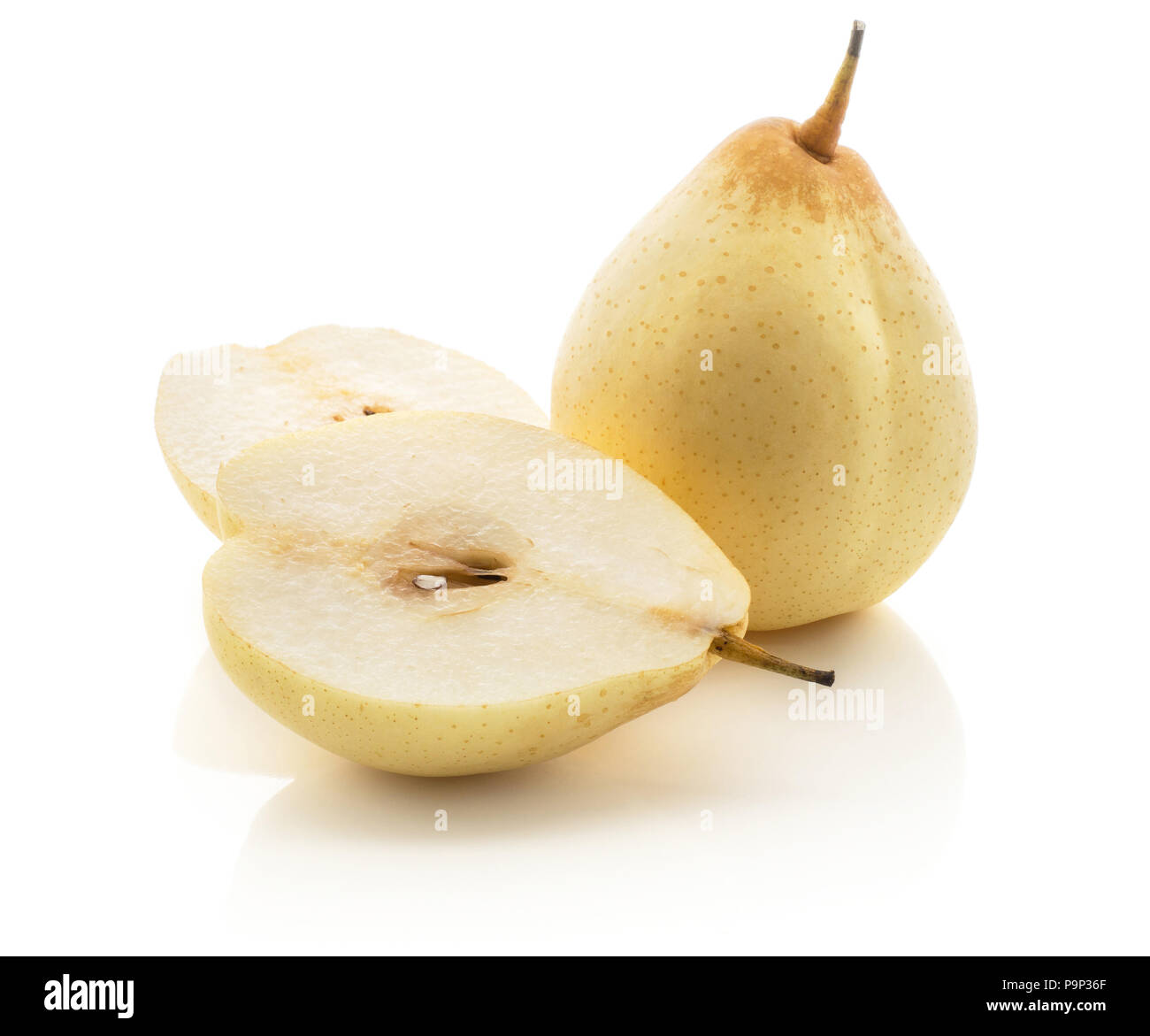 One Nashi pear and two halves (Russet pear) isolated on white ...