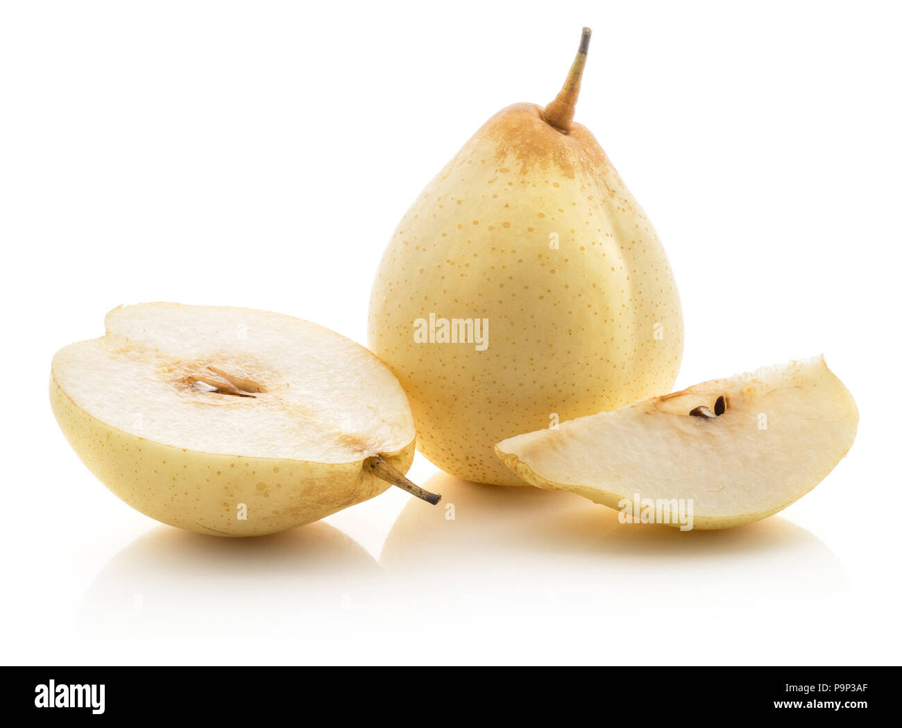 One Nashi pear with section half and one slice (Russet pear) isolated ...