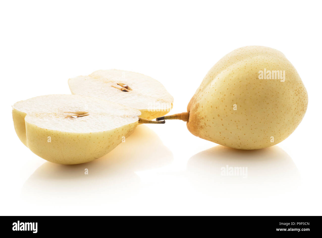 One Nashi pear and two halves (Russet pear) isolated on white ...