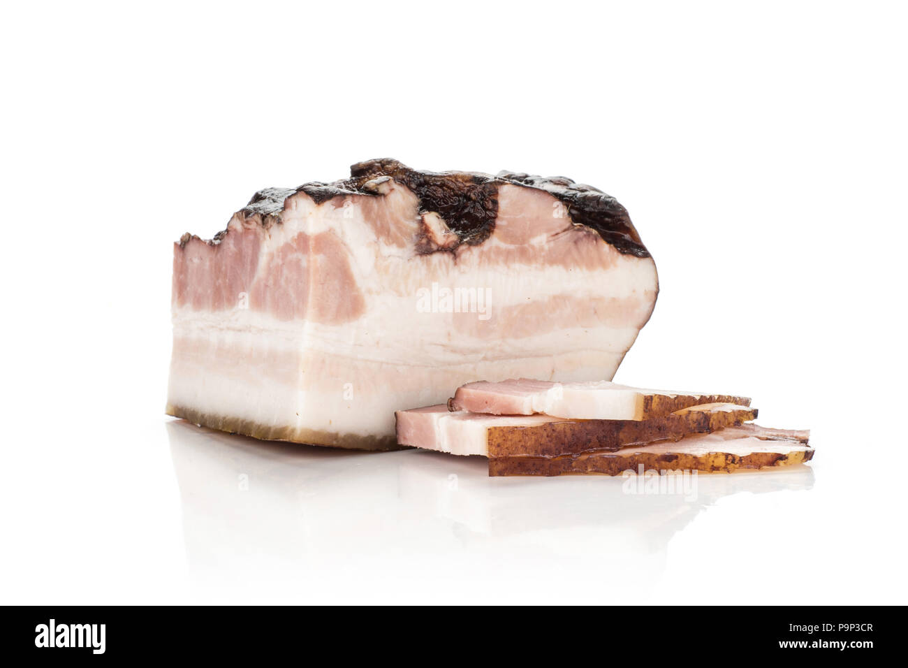 Group of three slices one piece of english bacon isolated on white ...