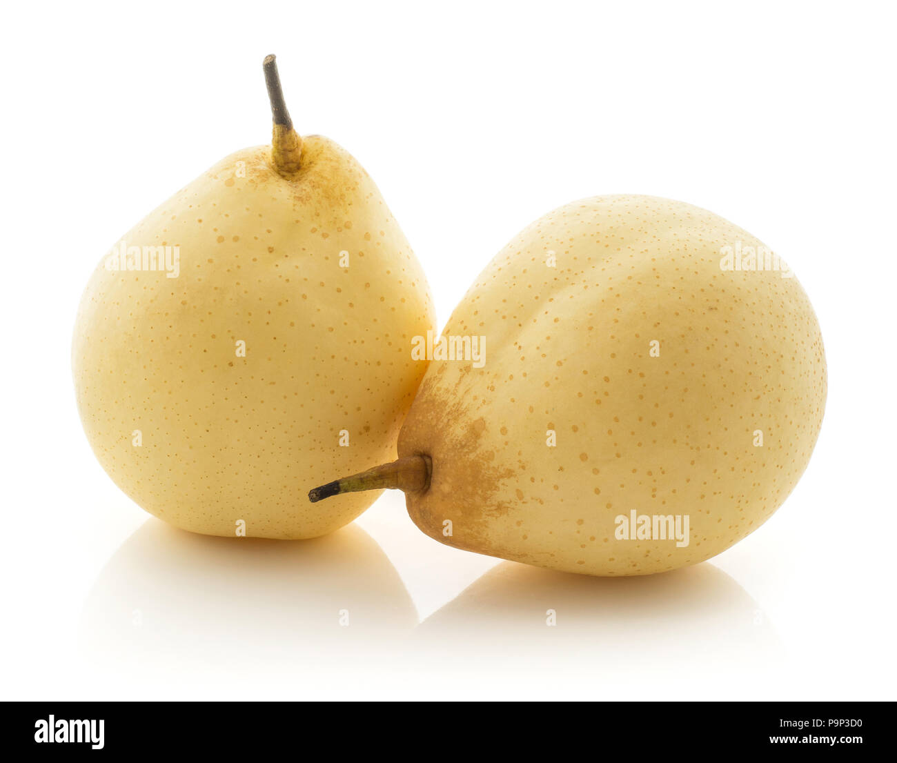 Two Nashi pears (Russet pear) isolated on white background yellow Stock ...