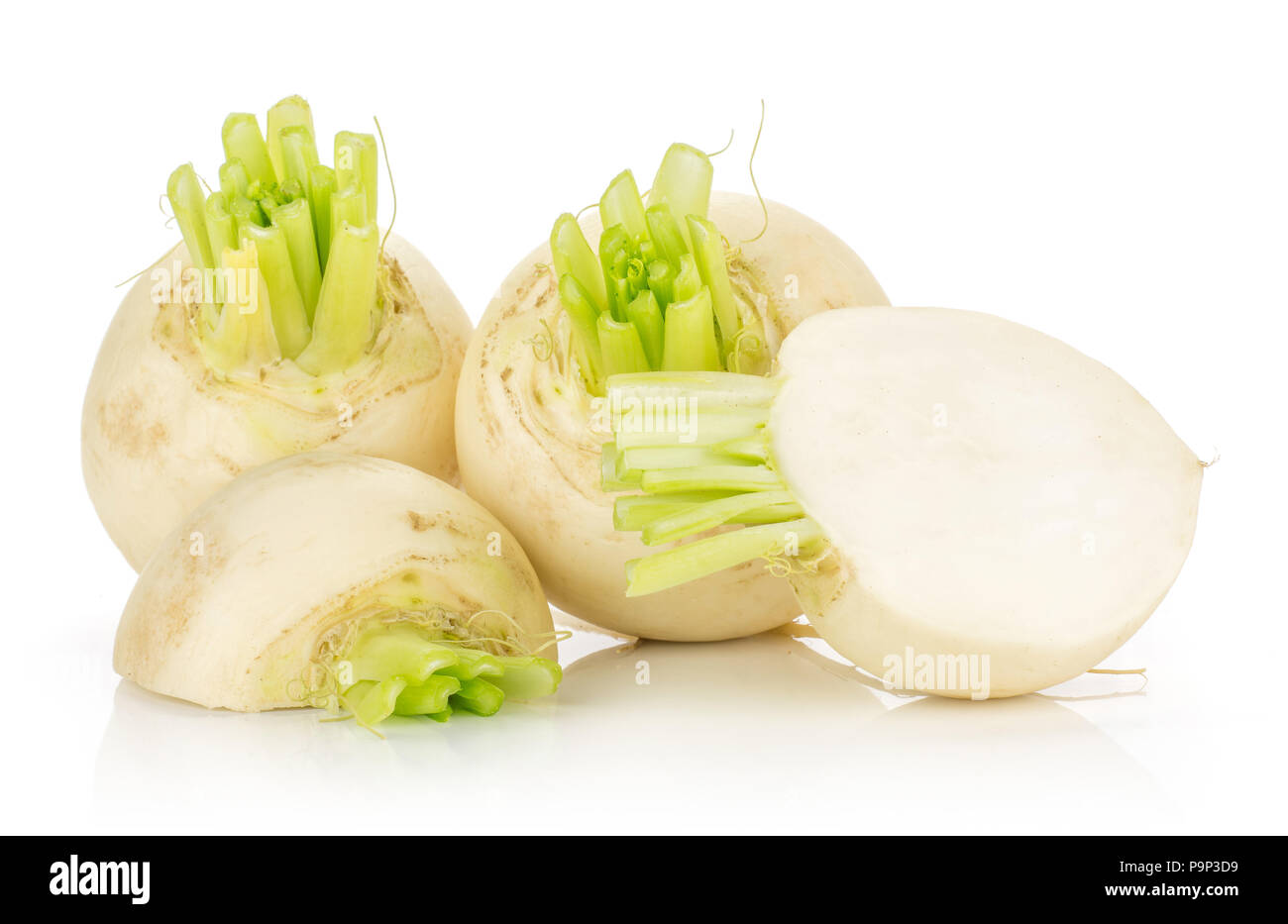 White radish set two bulbs two halves isolated on white background ...