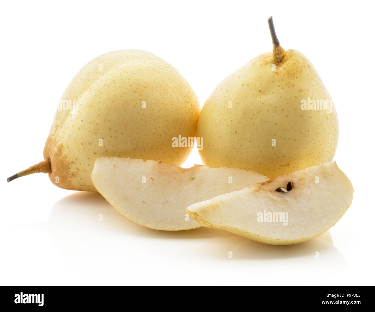 Nashi pears (Russet pear) isolated on white background yellow textured ...