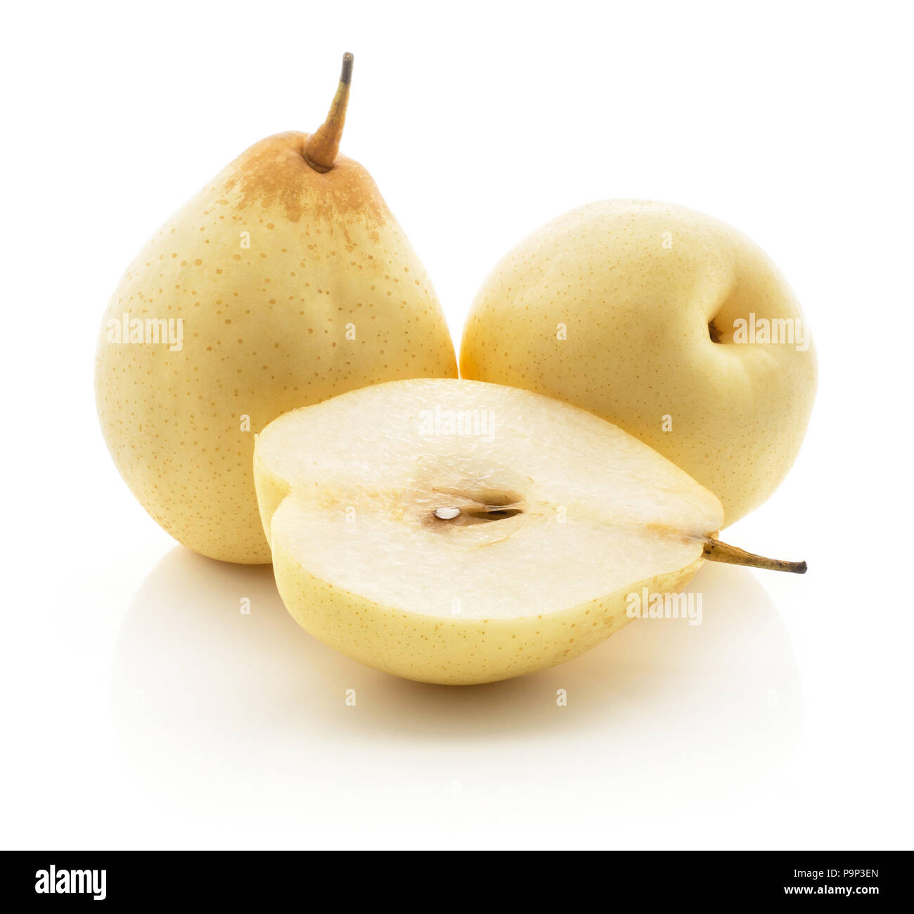 Two Nashi pears and one section half (Russet pear) isolated on white ...