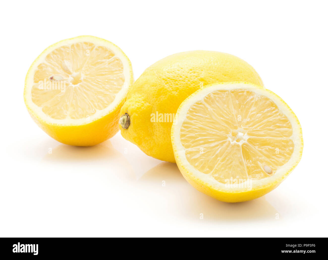 Yellow lemon and one cut in half isolated on white background Stock ...