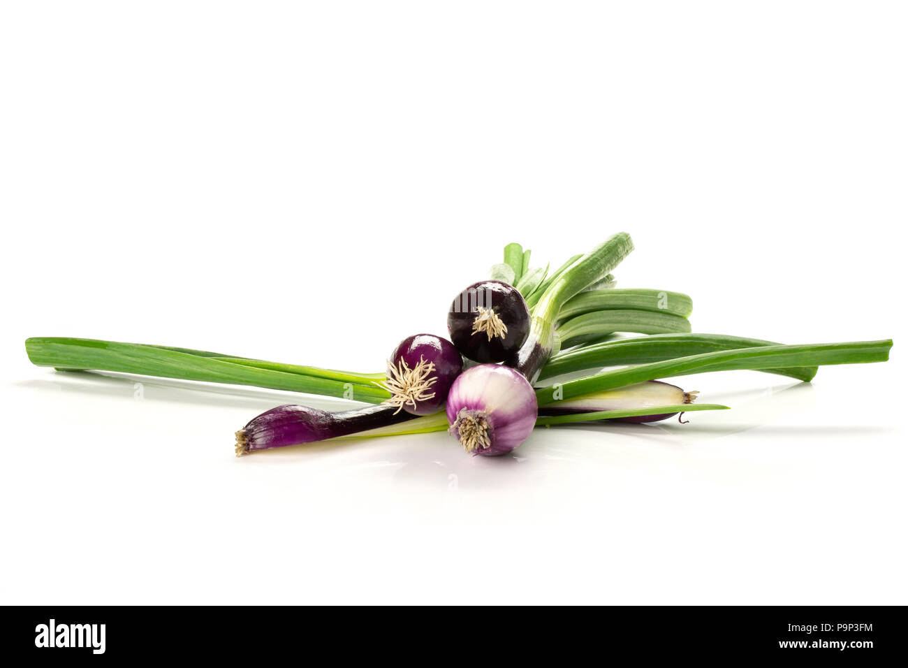 Group of three whole two halves of fresh green spring onion red ...