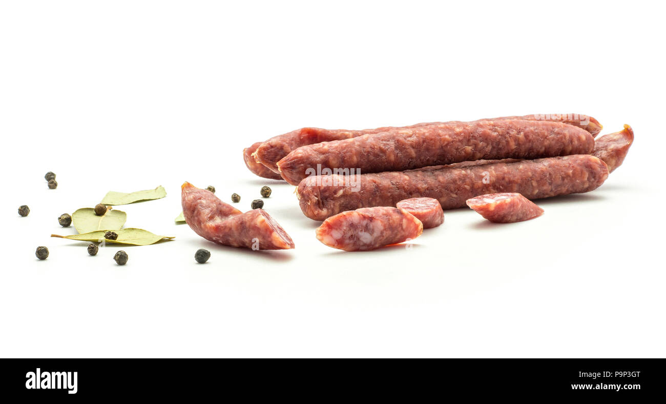Hungarian dry sausages pepperoni composition isolated on white ...