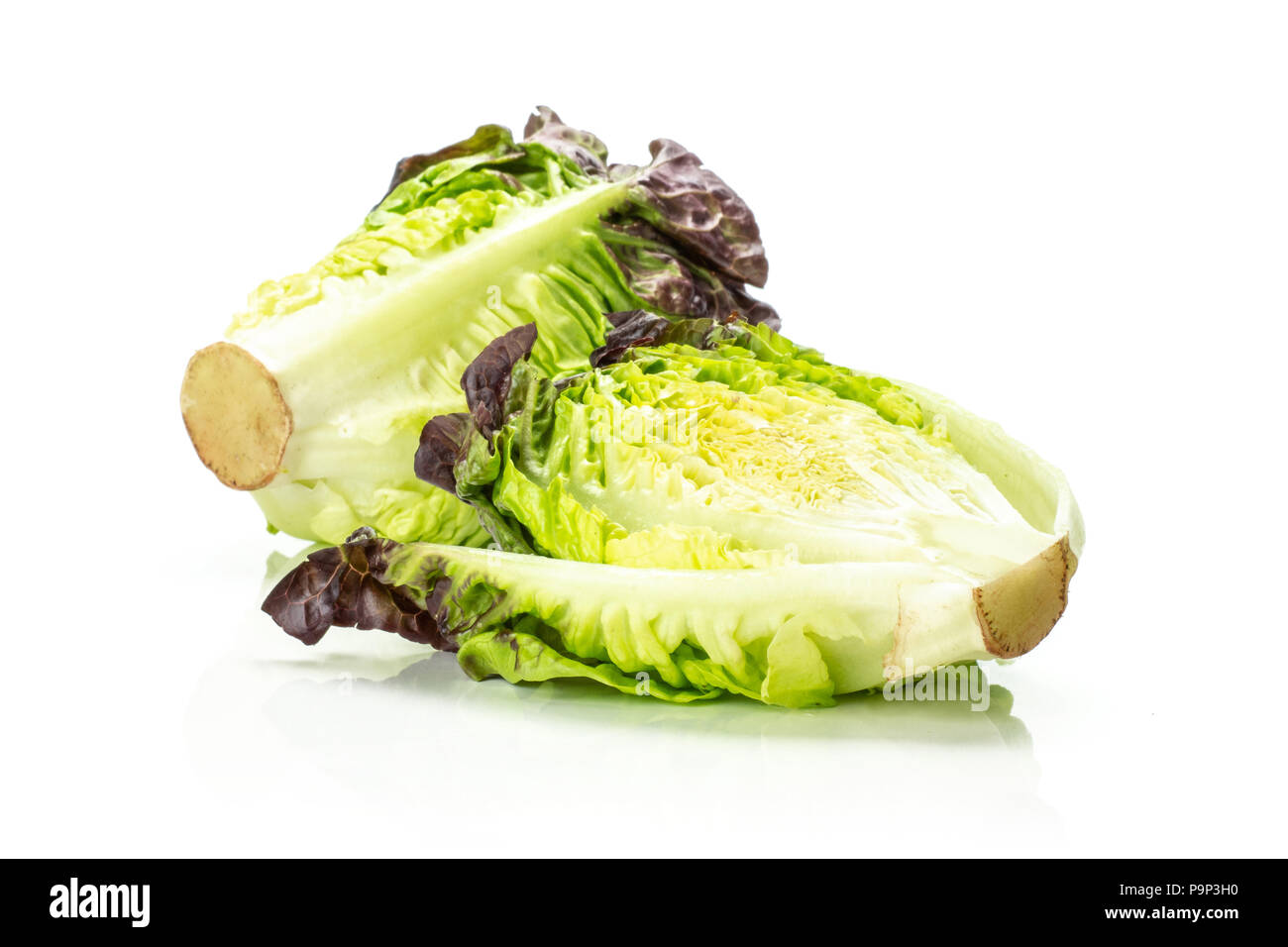 Group of one whole one half of fresh green lettuce red little gem ...
