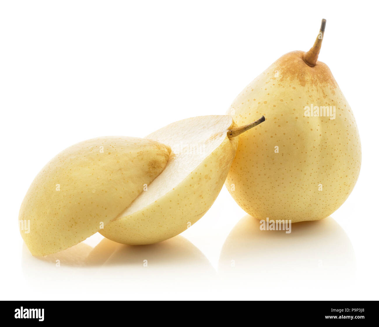 Nashi pears whole and one sliced (Russet pear) isolated on white ...