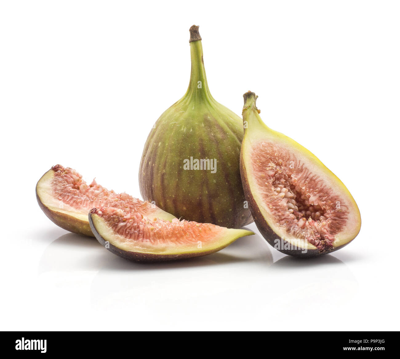 One fig one half two slices isolated on white background ripe fresh ...