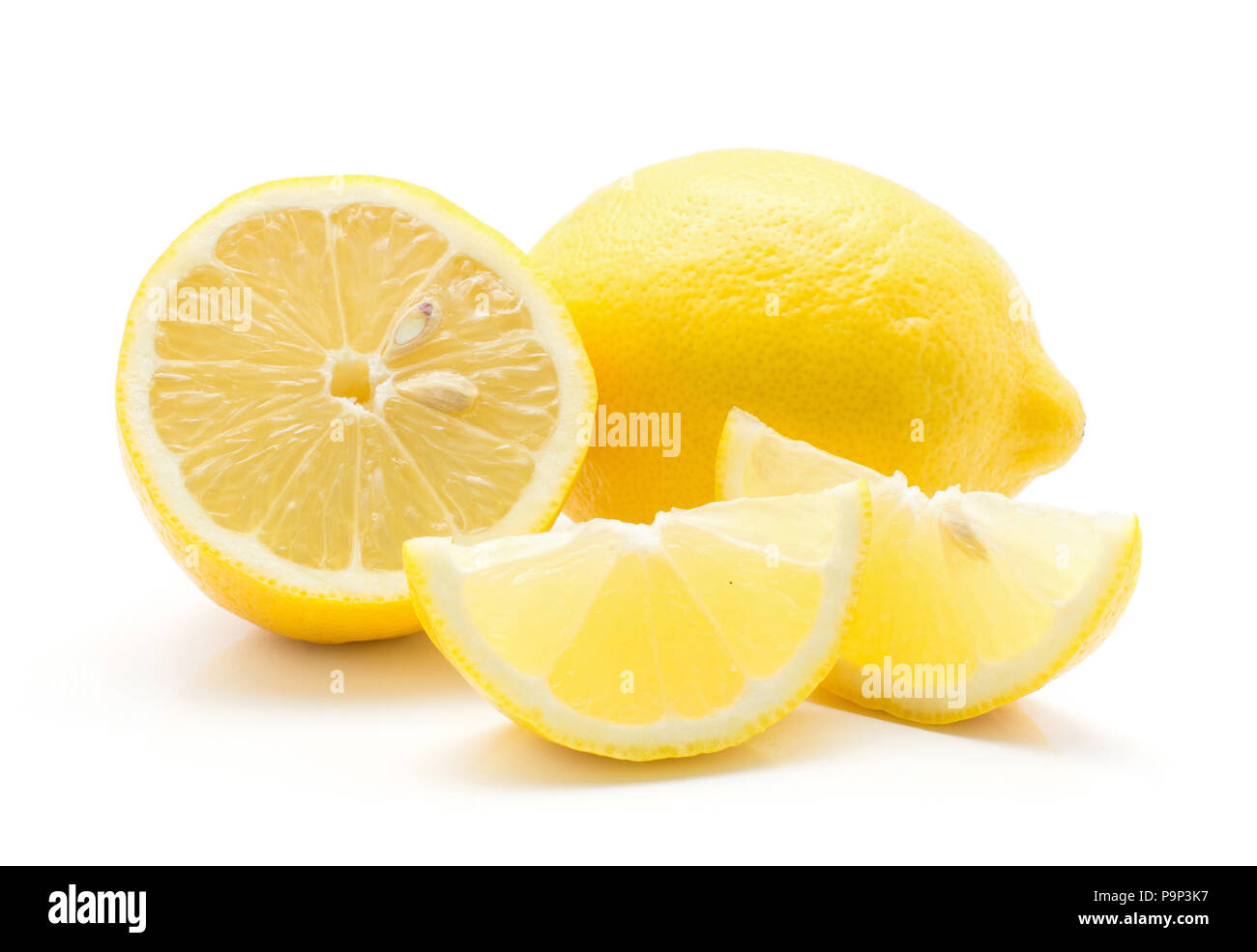 One yellow lemon one half two slices isolated on white background Stock ...
