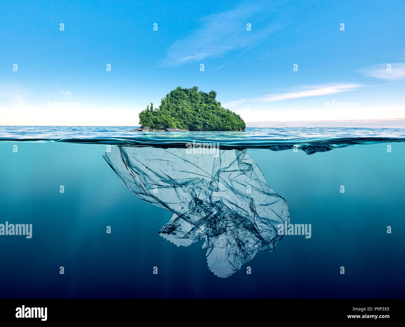 iceberg of garbage plastic with island floating in the ocean Stock ...