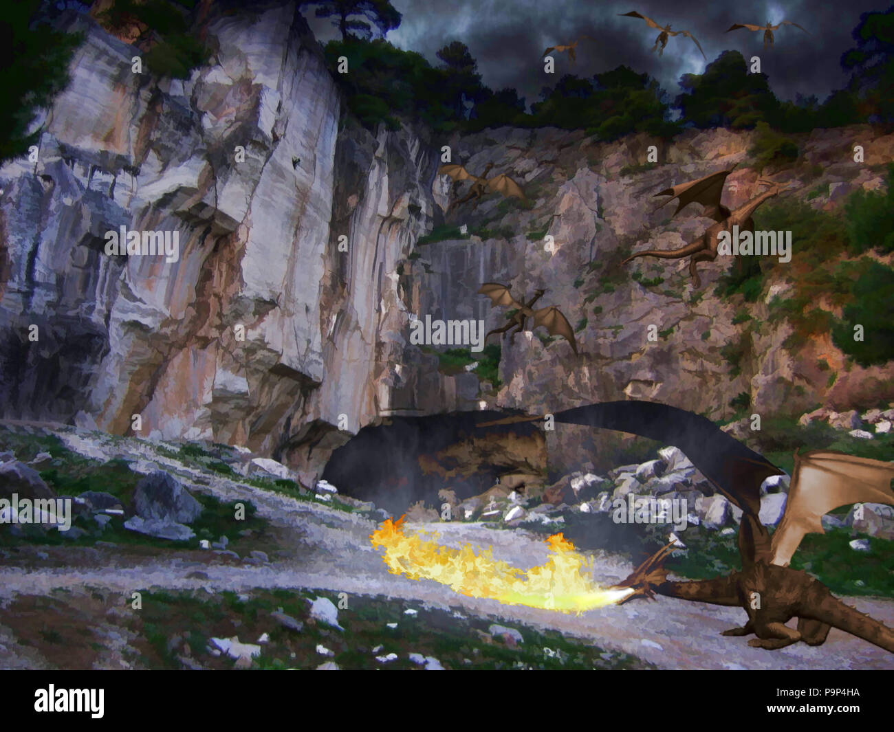 Digital illustration art. Many dragons around a cave Stock Photo - Alamy